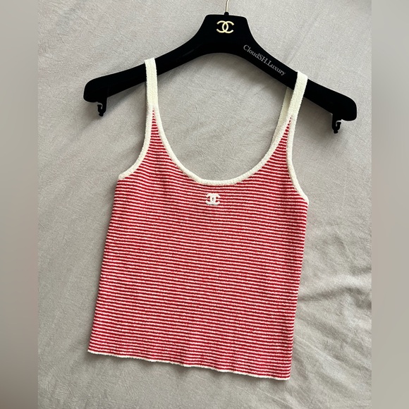 CHANEL | Tops | Auth Chanel 23c P7468 Cc Logo Red White Tank Top Sz 36 ...